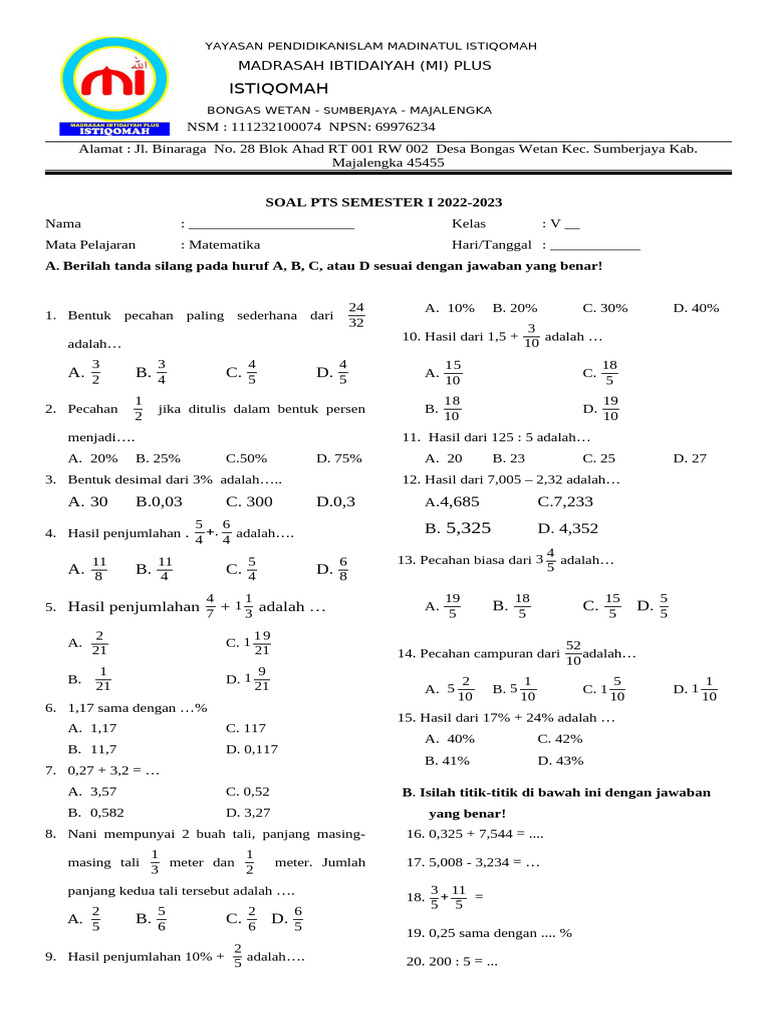 Pts Matematika Kls 5 SMT 1 2022-2023 | PDF