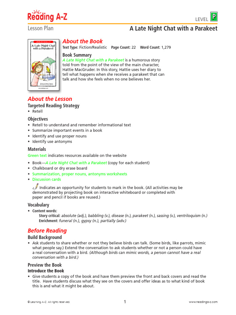 Lesson Plan: Parakeet Story Activities | PDF | Reading Comprehension ...