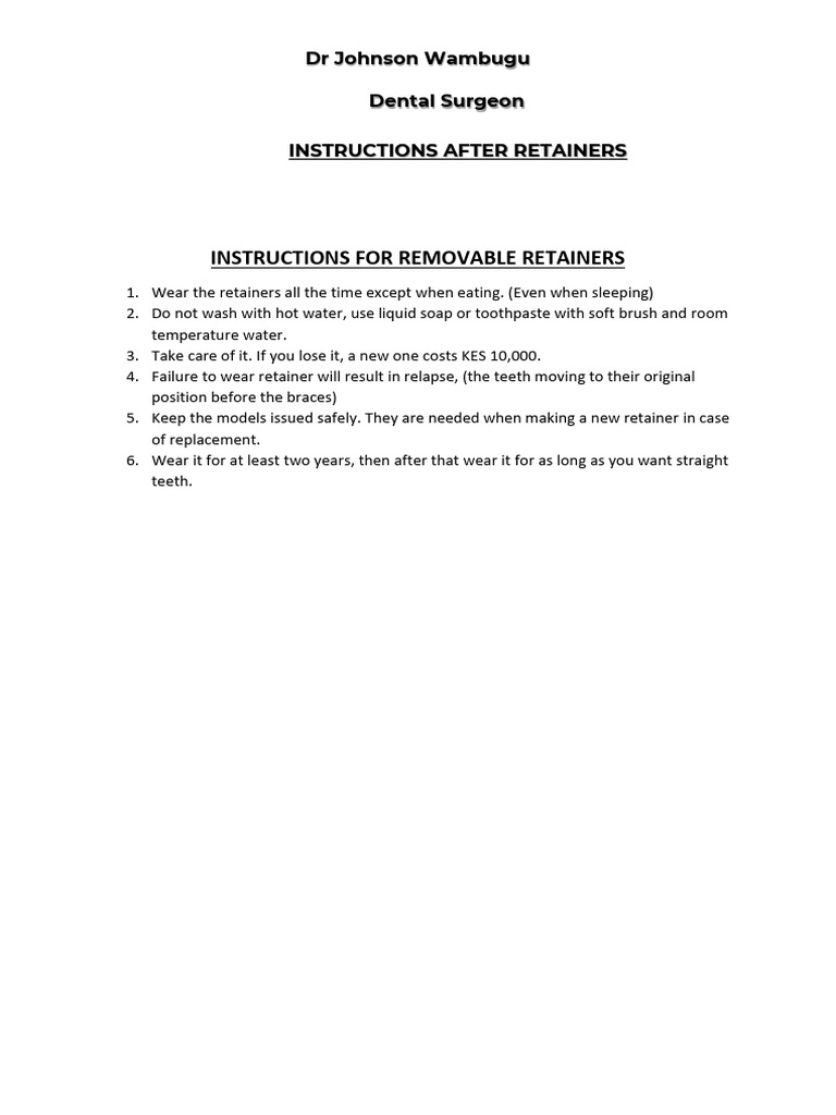 INSTRUCTIONS FOR REMOVABLE RETAINERS | PDF