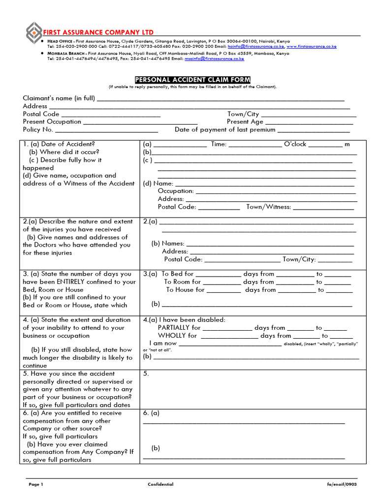 Personal Accident Claim Form | PDF | Finance & Money Management