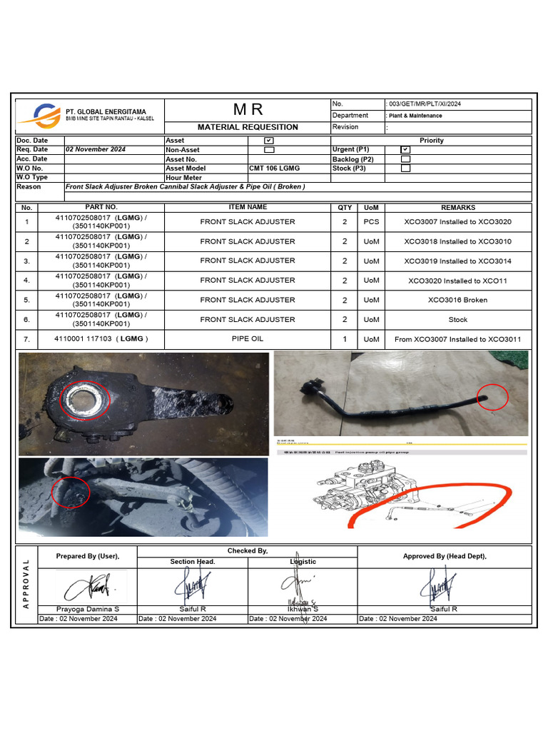 MR 003 - 11-24 Plant Department Part Slack Adjuster Oktober 2024 | PDF