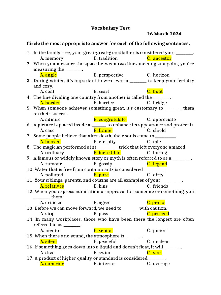 8A1 - 26.03 - Vocabulary Test | PDF