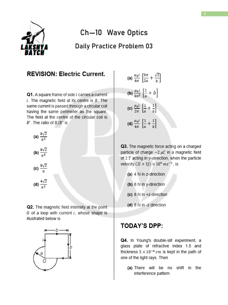 Wave Optics DPP-03 Lec-08 @physicswallahlakshyavideos Physicswallahlakshyavideos | PDF | Optics ...