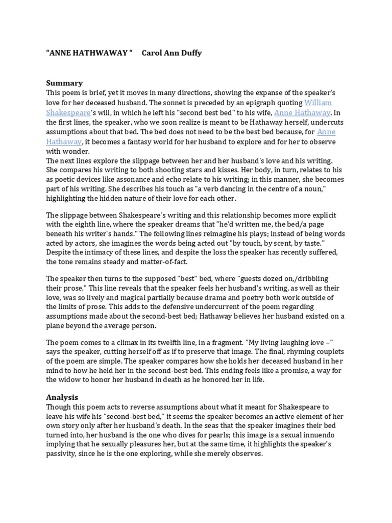 ANNE HATHAWAY Carol Ann Duffy | PDF | Poetry | Metre (Poetry)