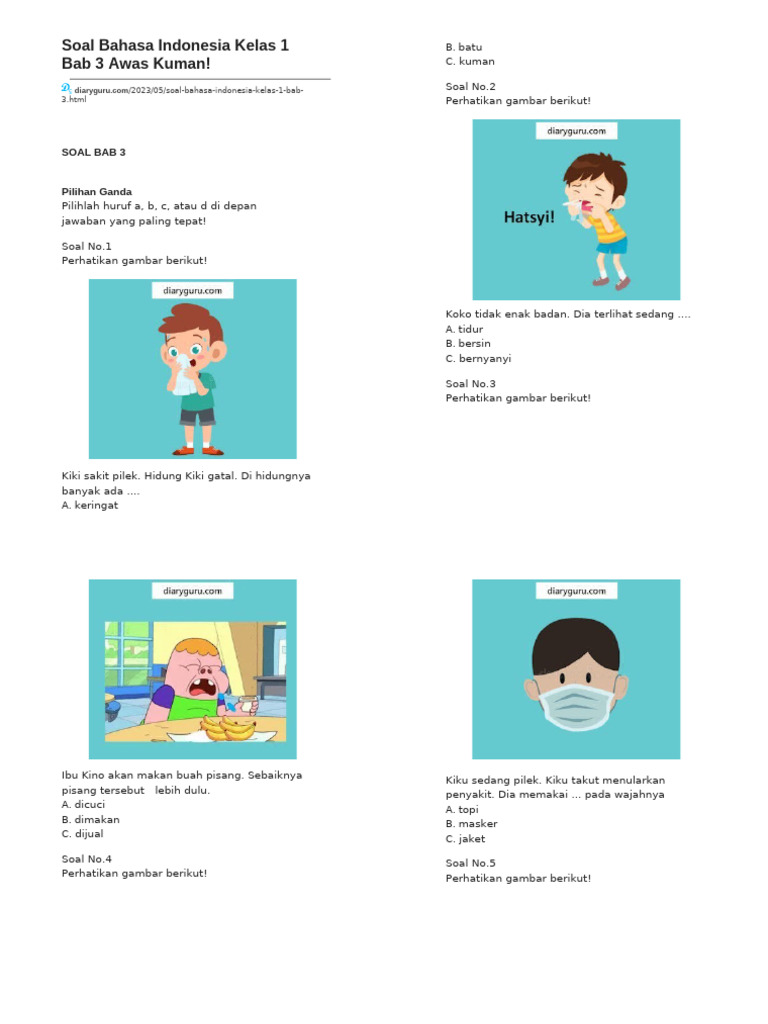 Soal Bahasa Indonesia Kelas 1 Bab 3 Awas Kuman! | PDF