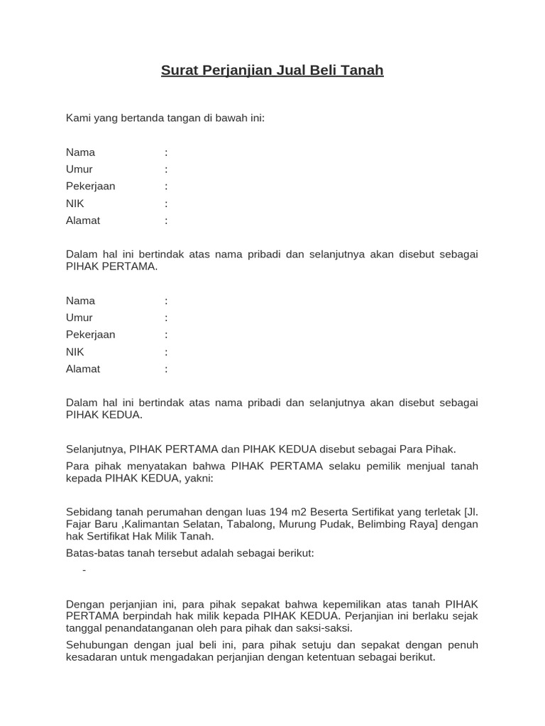 Surat Perjanjian Jual Beli Tanah 194 m2 | PDF