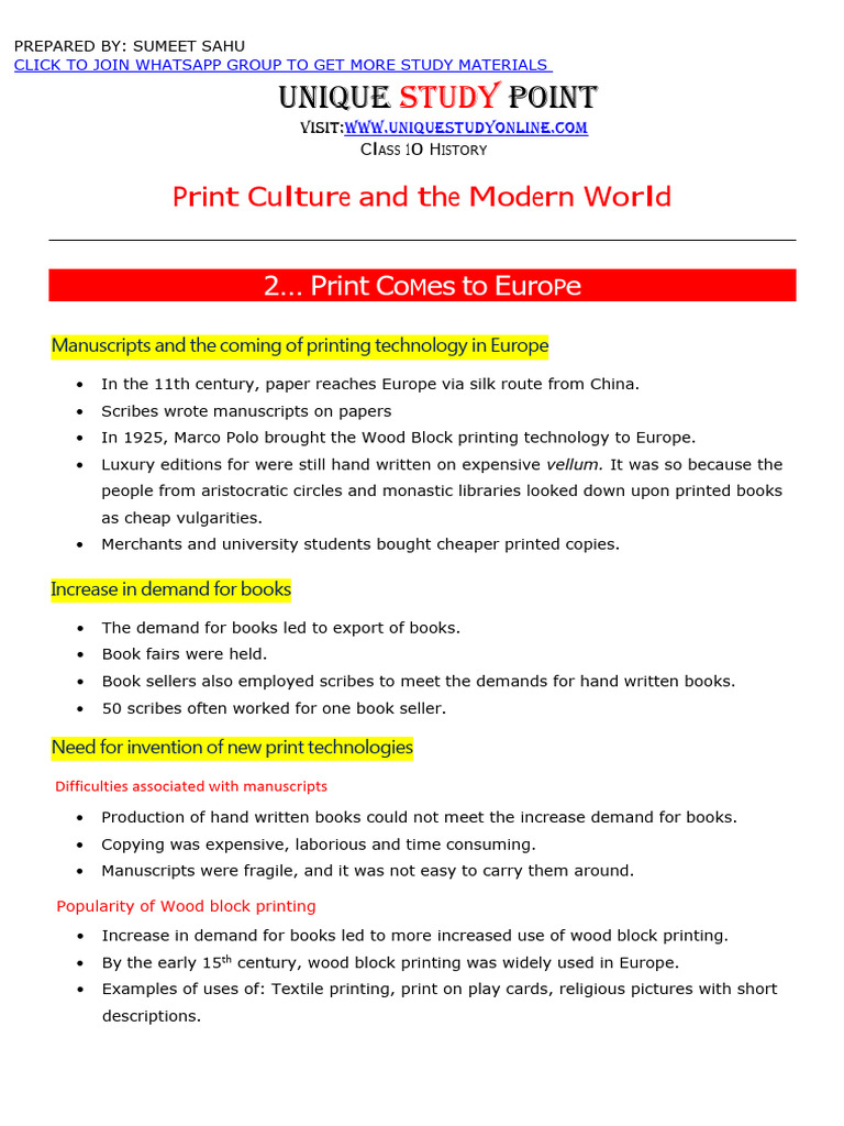 Print Culture Notes | PDF | Books | Printing