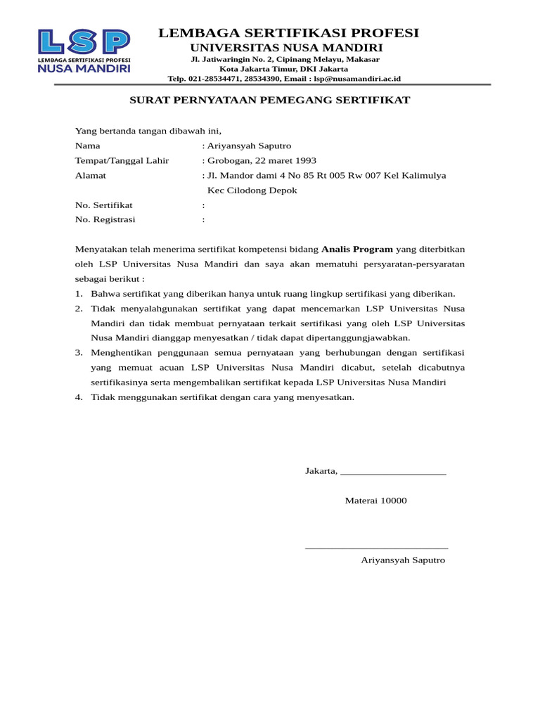 Surat Pernyataan Pemegang Sertifikat LSP UNM Skema AP | PDF