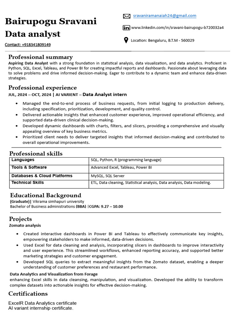 Sravani - Data Analyst Resume 1 | PDF | Data Analysis | Data