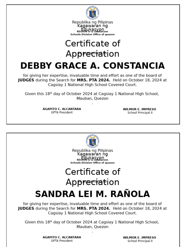 Pta Induction and Ball Certificate 2024 | PDF