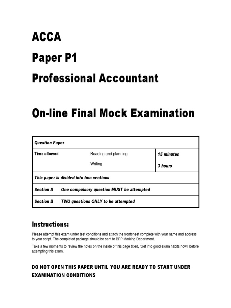 Acca Paper P1 Professional Accountant On-Line Final Mock Examination ...