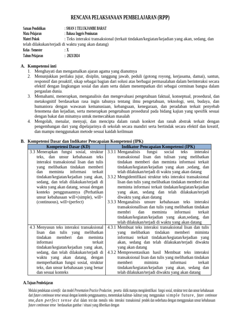 RPP Future Continous Tense | PDF