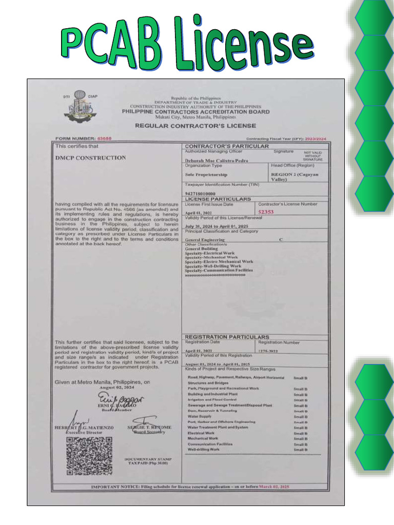 DMCP Construction - Pcab License | PDF