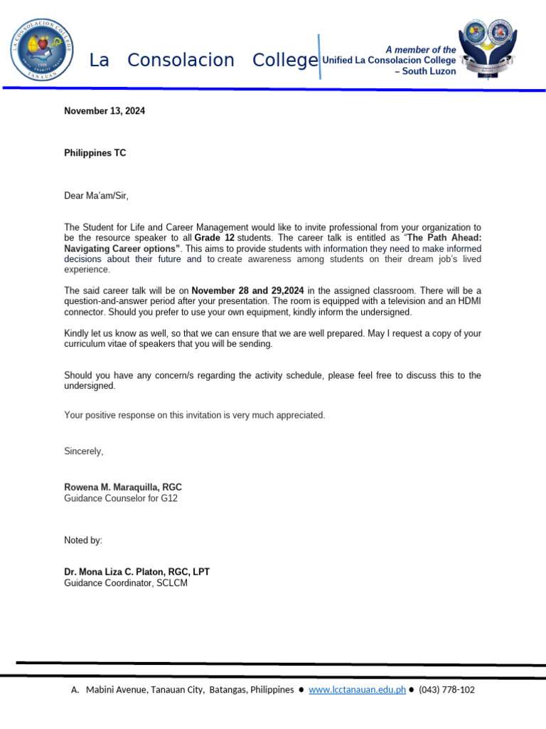 Letter of Invitation For Career Talk - Maloles | PDF