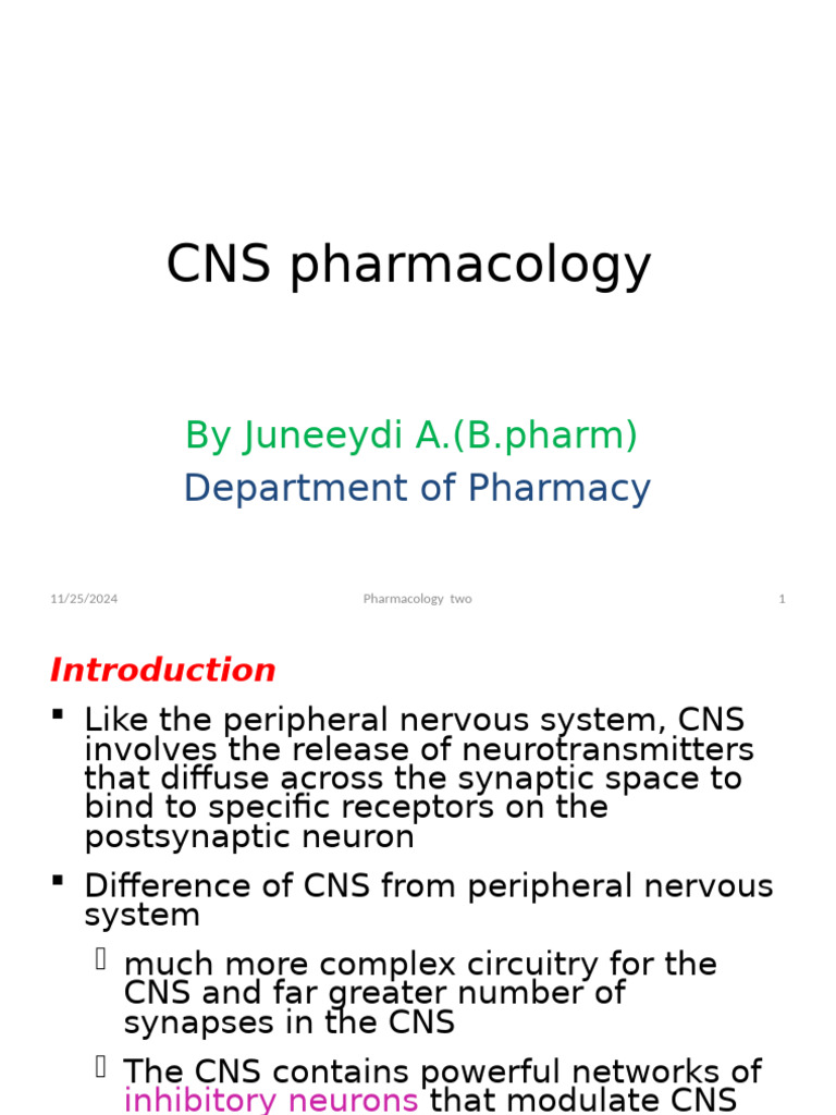 CNS Pharmacology - PPTX SAH | PDF | Neurotransmitter | Chemical Synapse