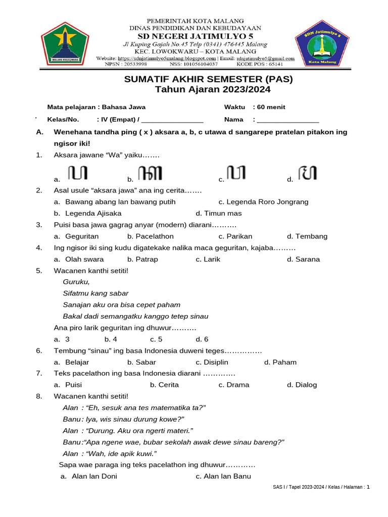 Soal B. Jawa PAS Kelas 4 FIX | PDF