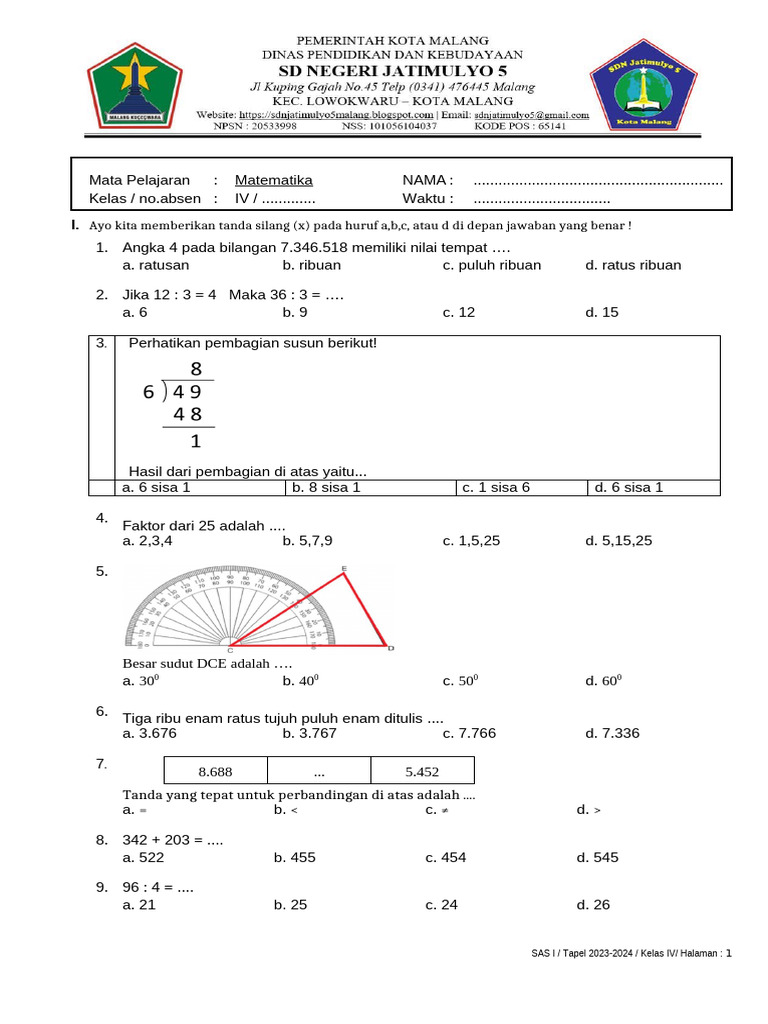 Sas Matematika Kelas 4 | PDF