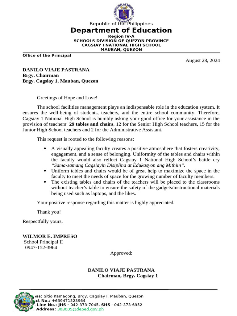 Request Letter For Teacher's Table and Chair, & Administrative Bldg ...