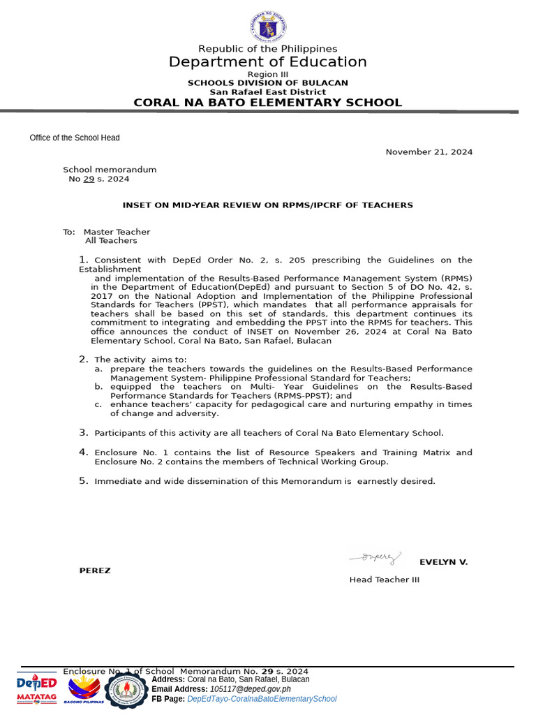 School Letter RPMS Inset | PDF | Teachers | Learning