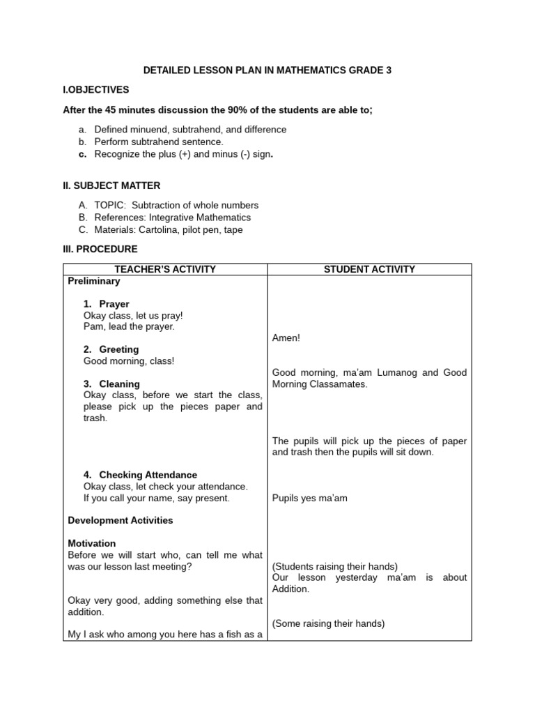Grade 3 Subtraction Lesson Plan | PDF | Subtraction | Elementary Mathematics
