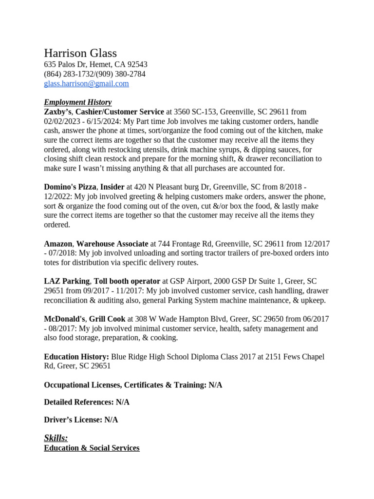 Resume 0f Harrison J. Glass | PDF | Waiting Staff | Cooking