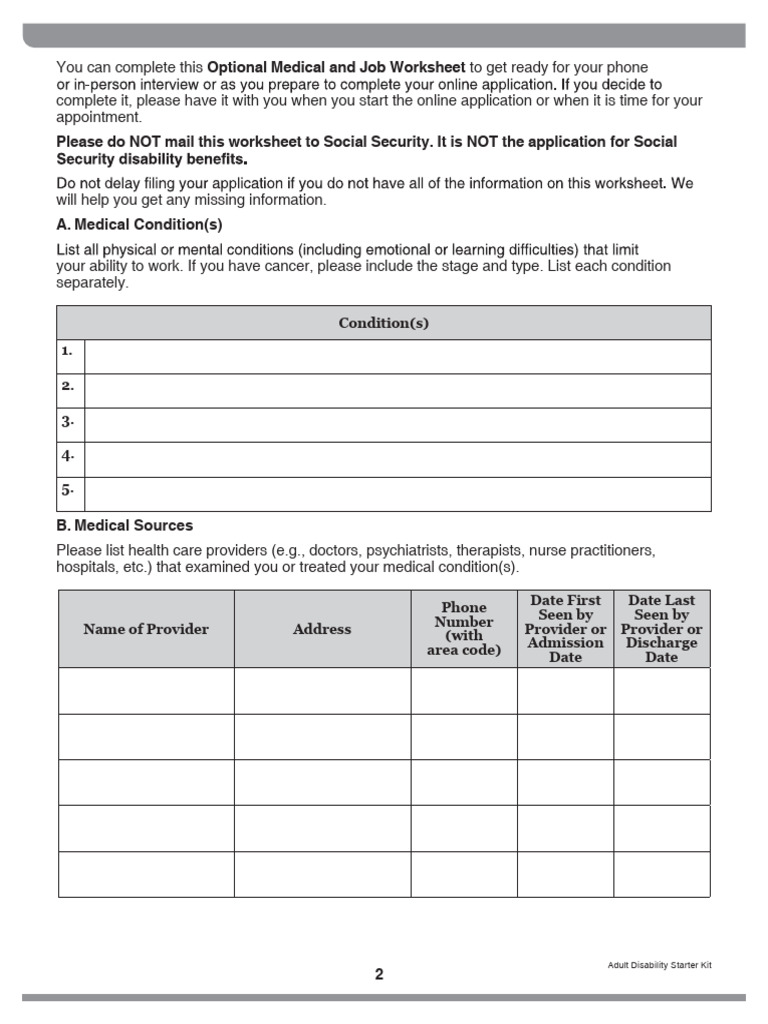 Adult Disability Starter Kit Optional Worksheet | PDF | Health ...