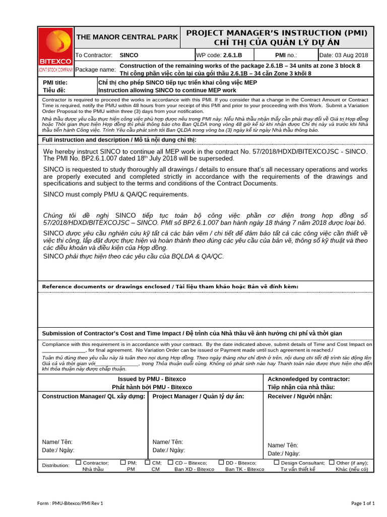 01 PMI Form - Project Manager's Instruction (Rev-1) | PDF