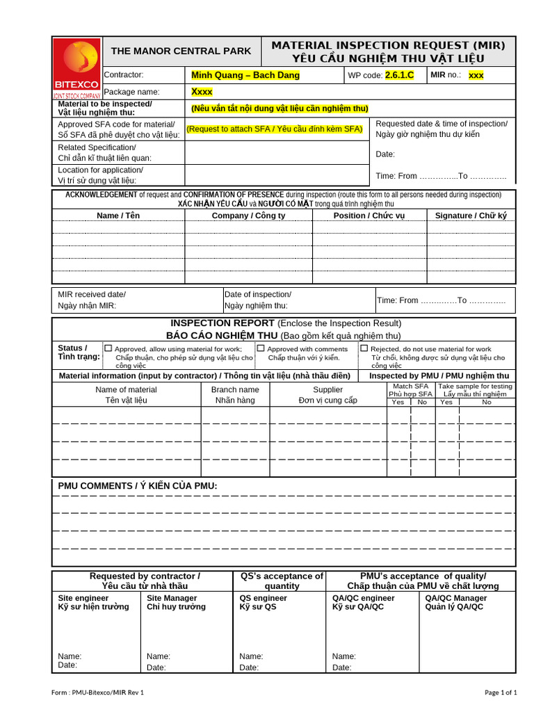 09 MIR Form - Material Inspection Request (Rev-1) | PDF