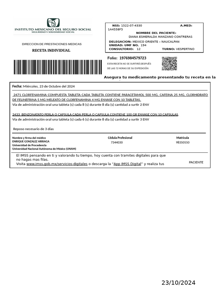 Receta Médica IMSS para Paciente | PDF