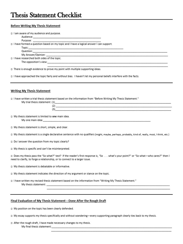 Thesis Statement Checklist | PDF | Thesis | Essays
