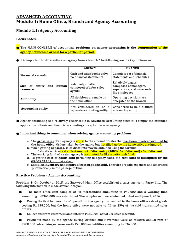 Home Office Branch and Agency Accounting ADVACC 2 | PDF | Debits And ...