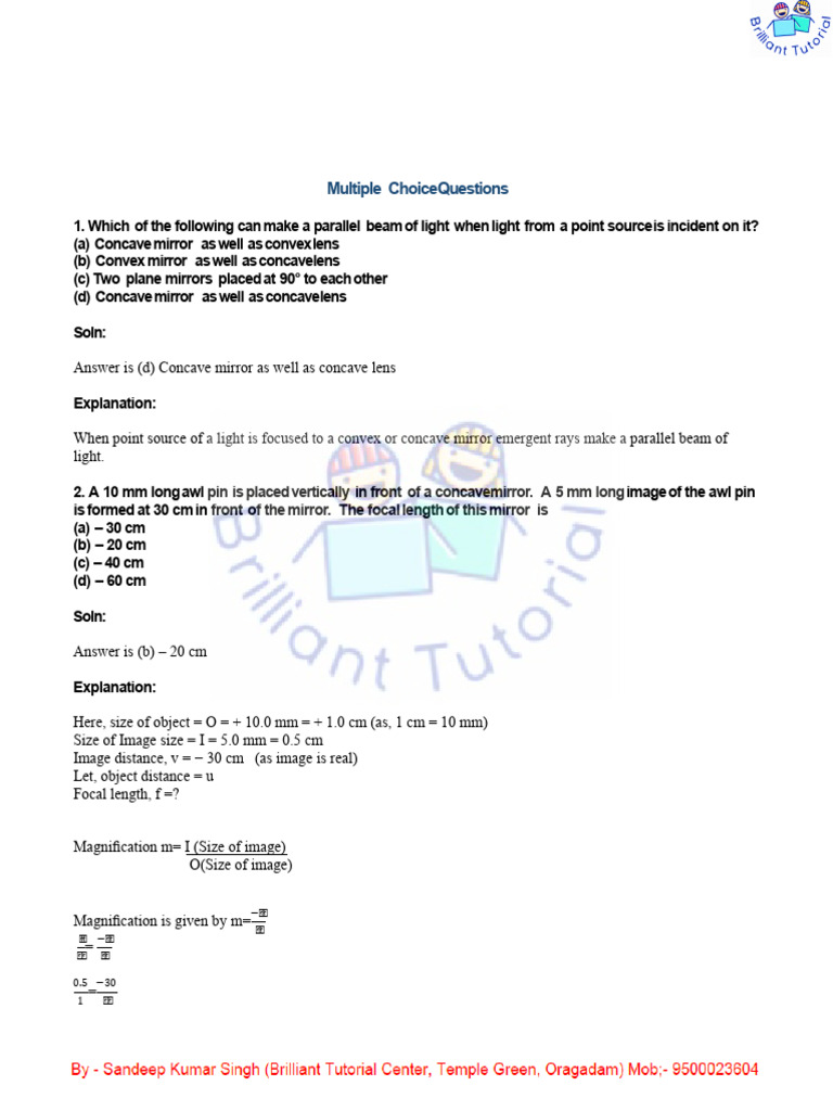 Optics Quiz for Physics Students | PDF | Refractive Index | Mirror