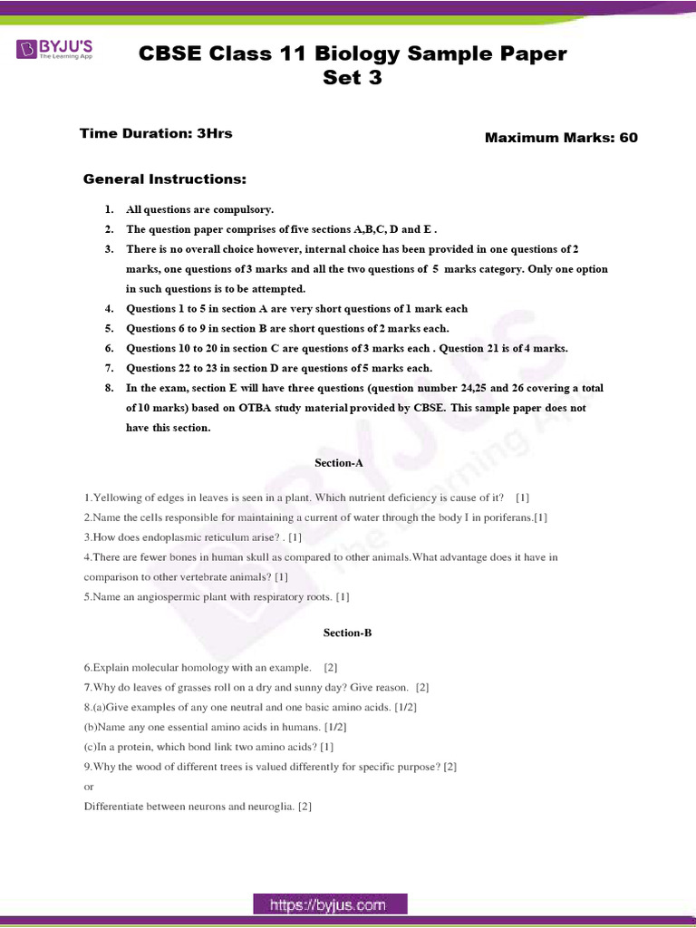 CBSE Class 11 Biology Sample Paper Set 3 | PDF | Cellular Respiration ...