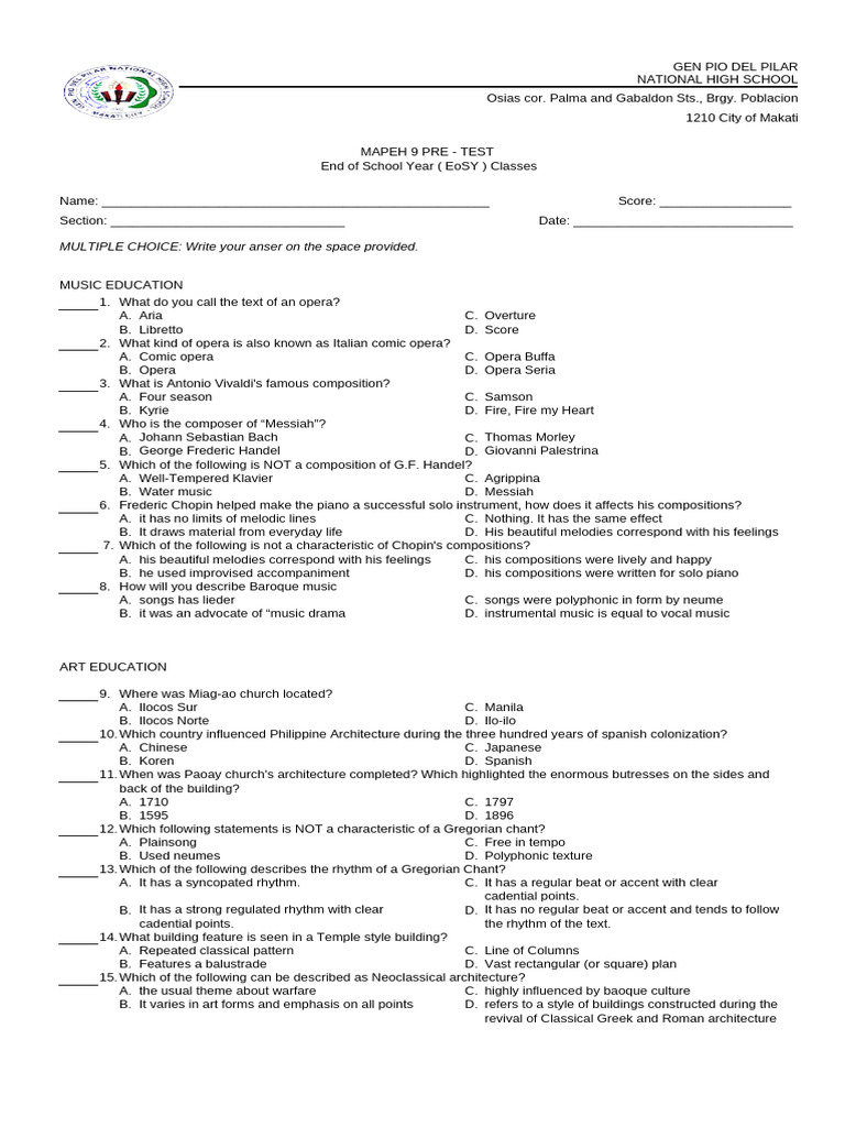 Grade 9 Mapeh Pre Testpost Test Eosy | PDF | Opera | Rhythm