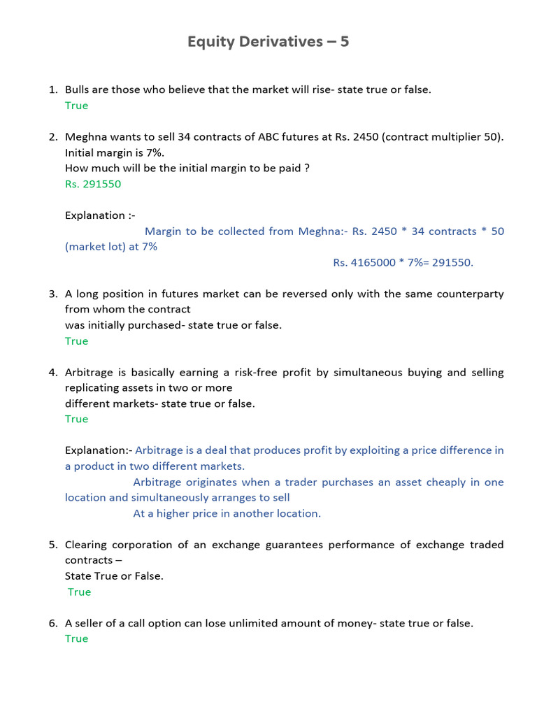 Equity Derivatives Test - 5 PDF | PDF | Option (Finance) | Futures Contract