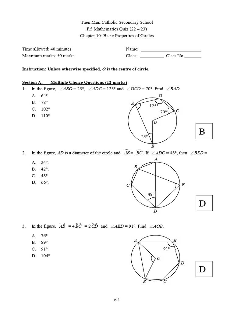 10 - Basic Properties of Circles - Quiz - 2223 - Solution | PDF ...