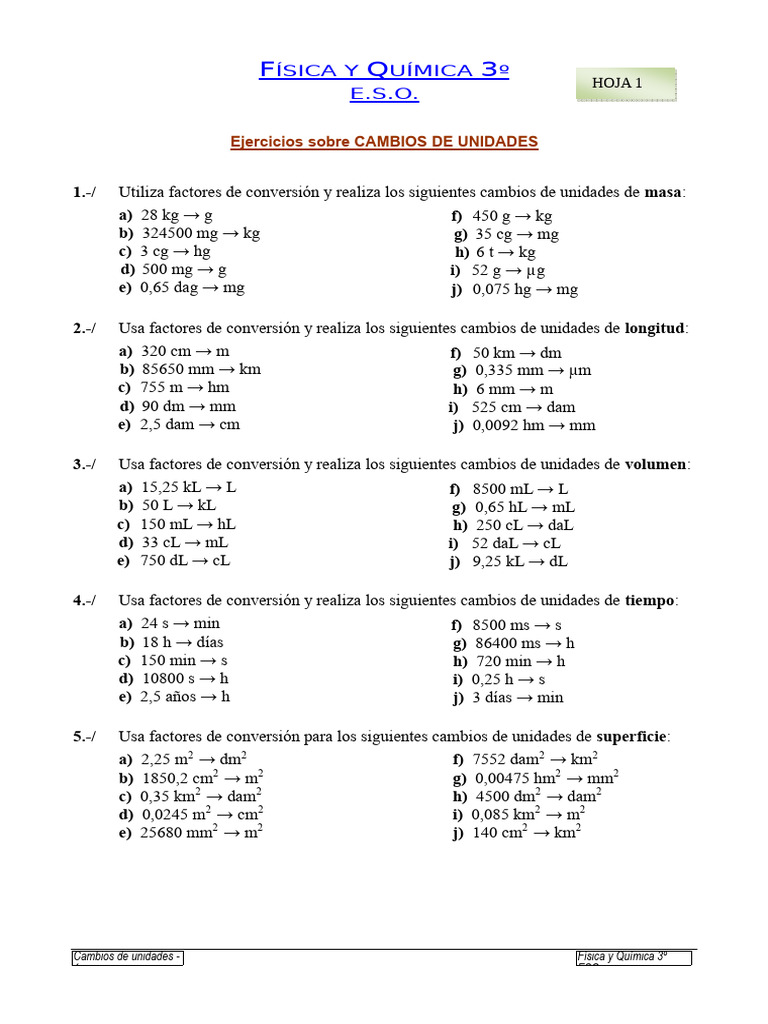 Ejercicios Cambio de Unidades 1 2 3 4 | PDF | Metrología | Sistema ...