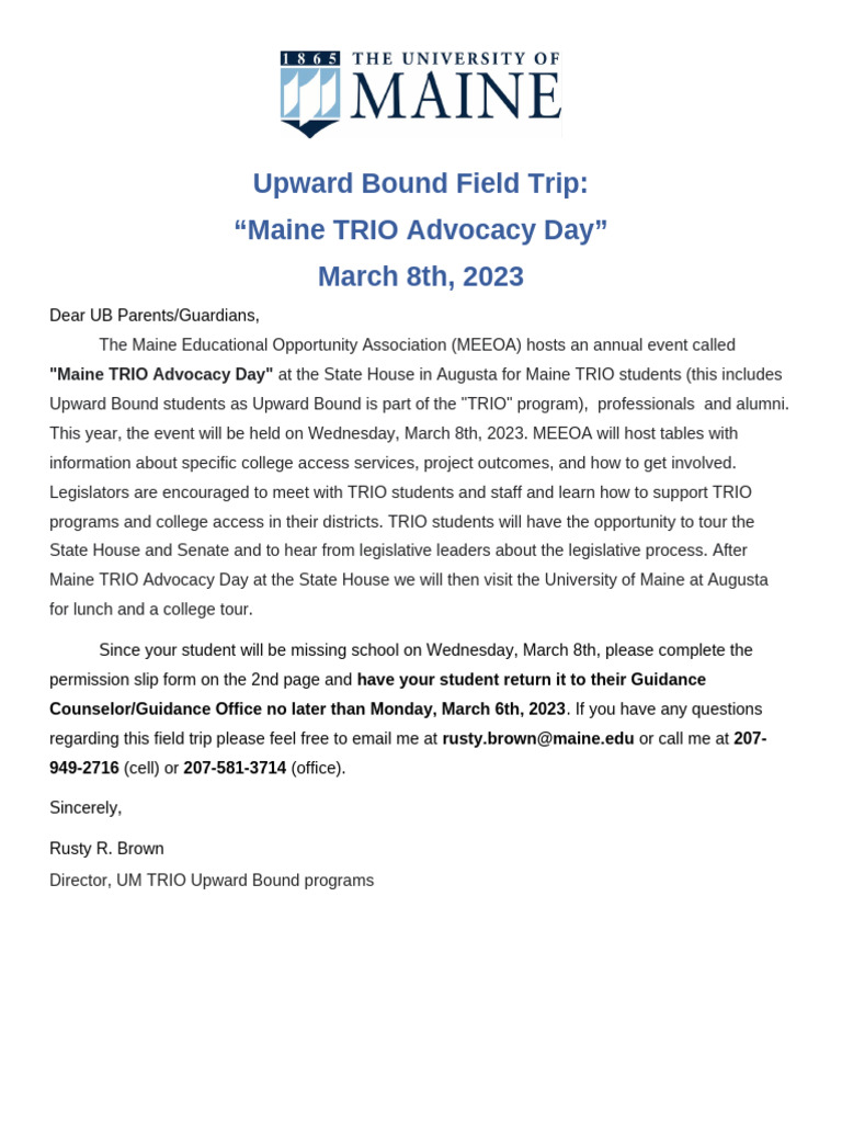 2023 Maine TRIO Advocacy Day Field Trip Permission Form | PDF