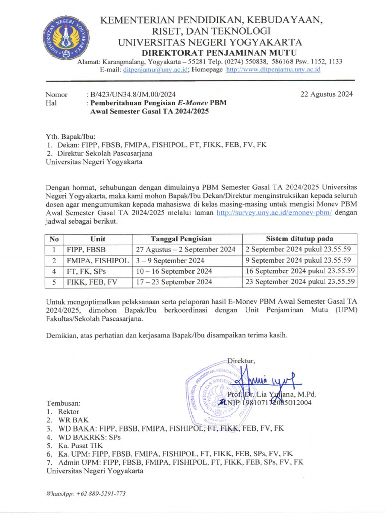 423 - Pemberitahuan Pengisian E-Monev Gasal Awal PBM TA. 2024-2025 | PDF