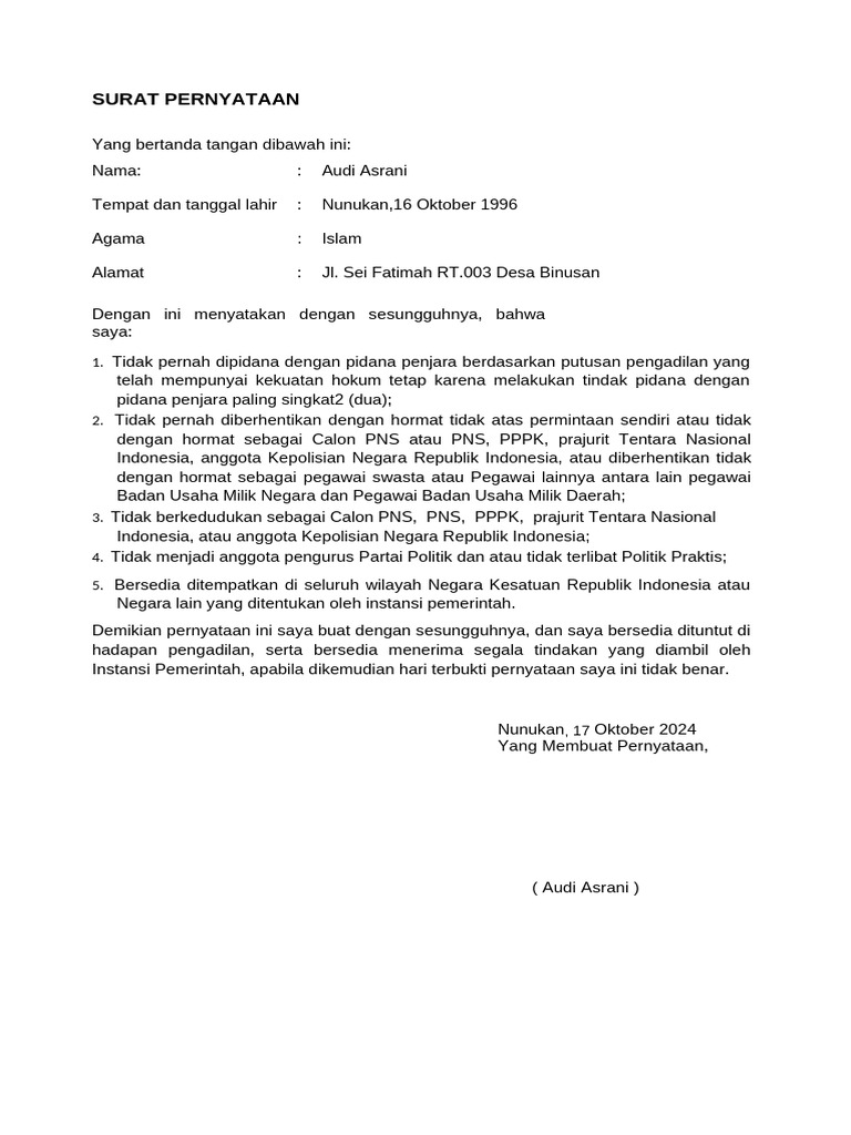 Surat Pernyataan Audi Asrani | PDF