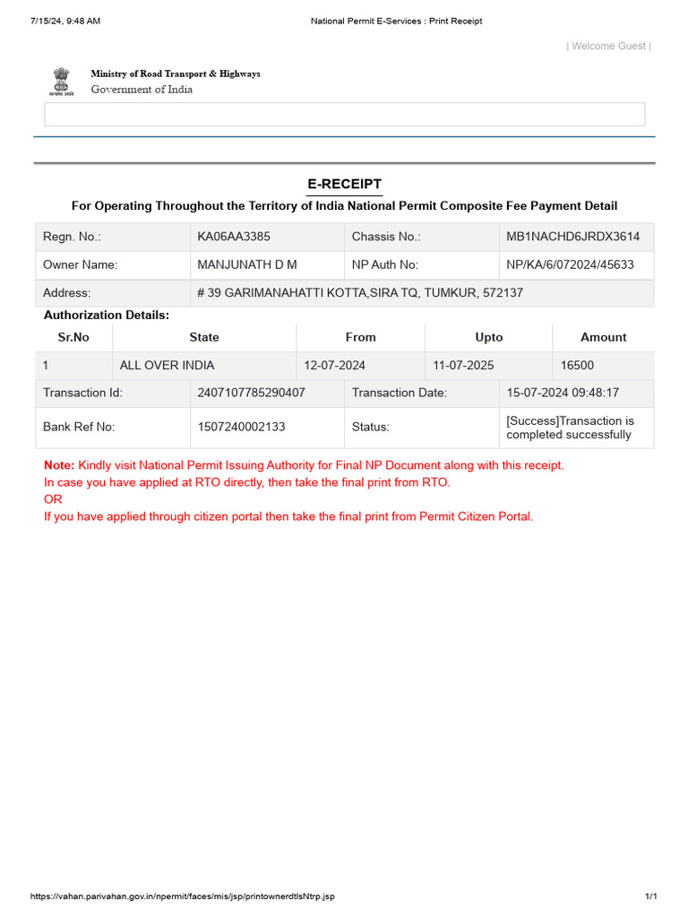 National Permit E-Receipt Details | PDF