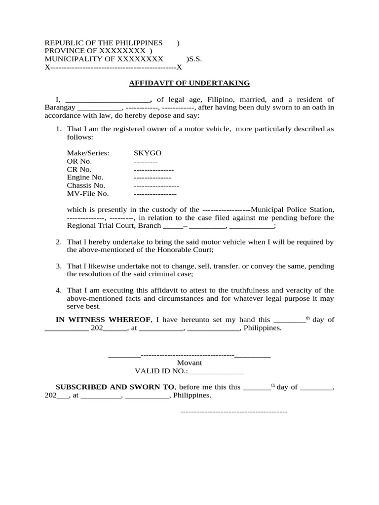 Affidavit of Undertaking | PDF | Finance & Money Management | Law