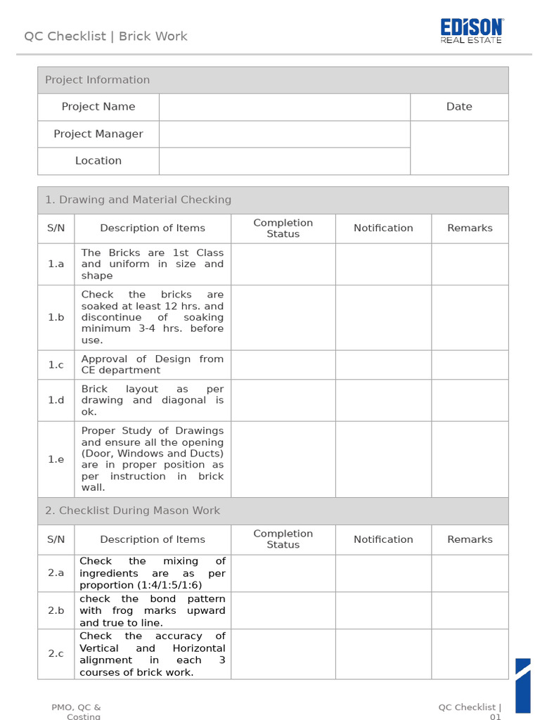 QC Checklist Brick Work - EREL | PDF | Brick | Masonry