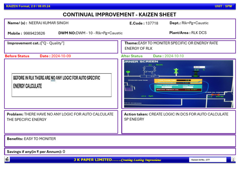 Kaizen Sheet for Auto Calculating Energy | PDF