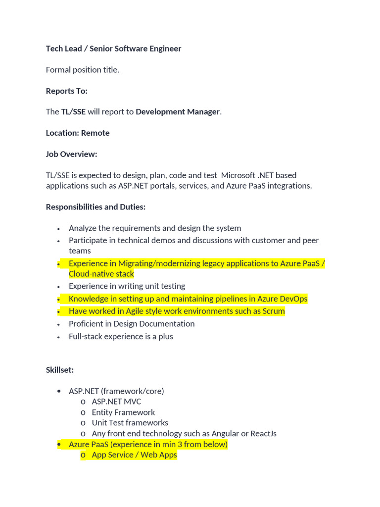 JD ASP - NET Azure Developer | PDF | Business | Technology & Engineering