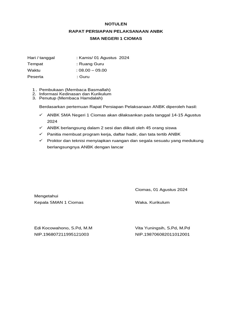 Notulen RAPAT ANBK | PDF | Kesehatan Holistik | Sains & Matematika