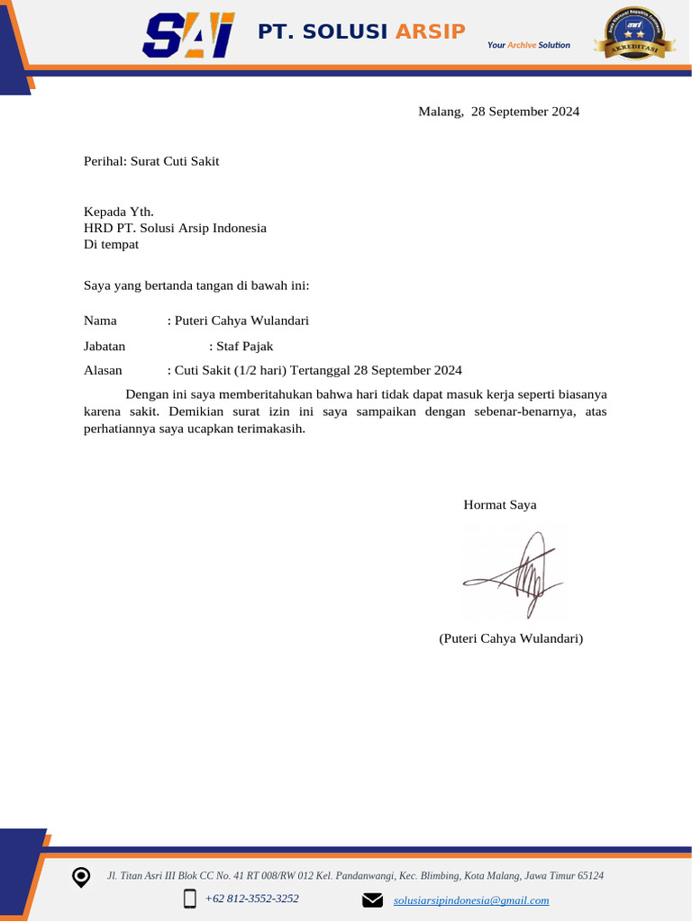 FORM CUTI SAKIT (Puteri) | PDF