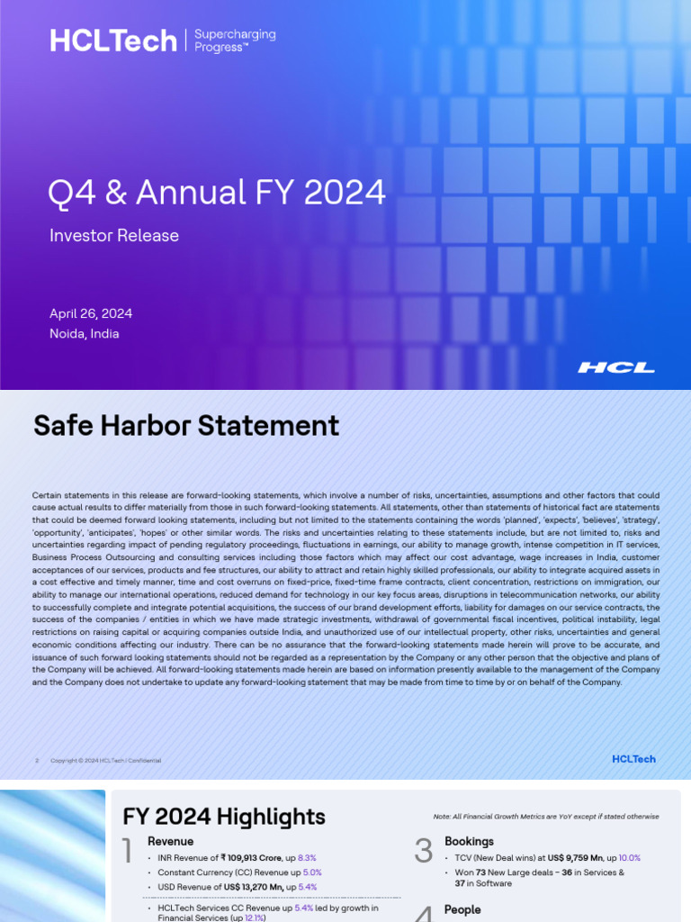 HCLTech Q4 FY24 Investor Release | PDF | Cloud Computing | Automation