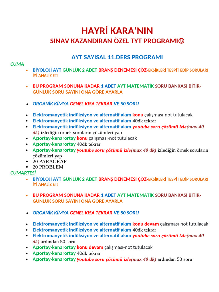 Ayt Sayisal 11.ders Programi | PDF
