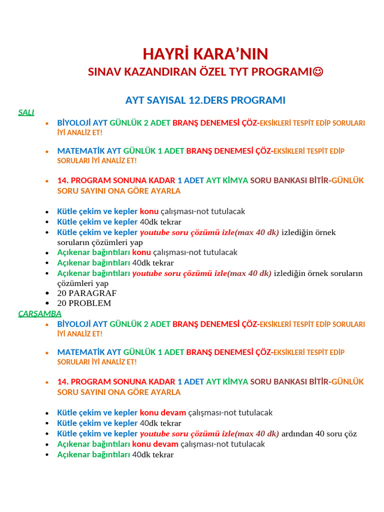 Ayt Sayisal 12.ders Programi | PDF